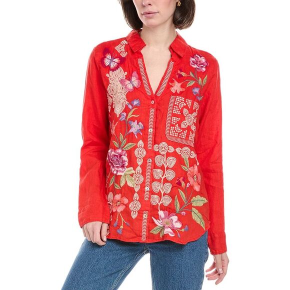 Johnny Was | Tops | Johnny Was Womens Relaxed Linen Shirt Red | Poshmark